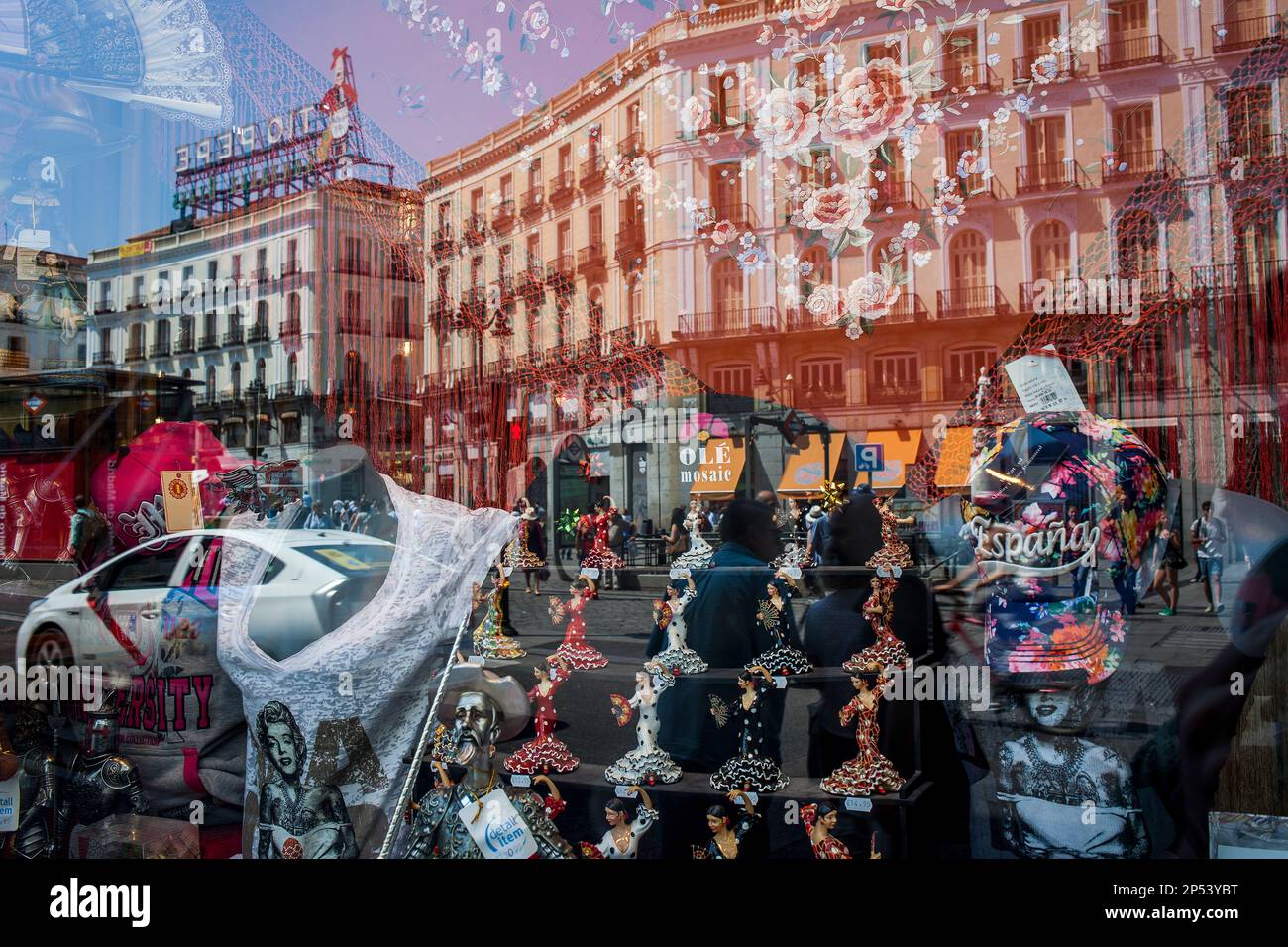 Reflections in a shop window, Puerta del Sol. Madrid, Spain Stock Photo ...