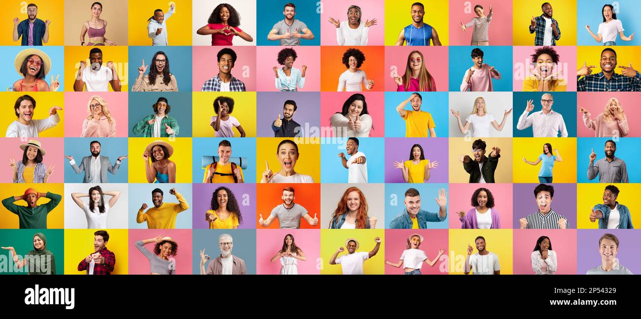 Headshots of human emotions, facial expression. Surprised happy excited ...