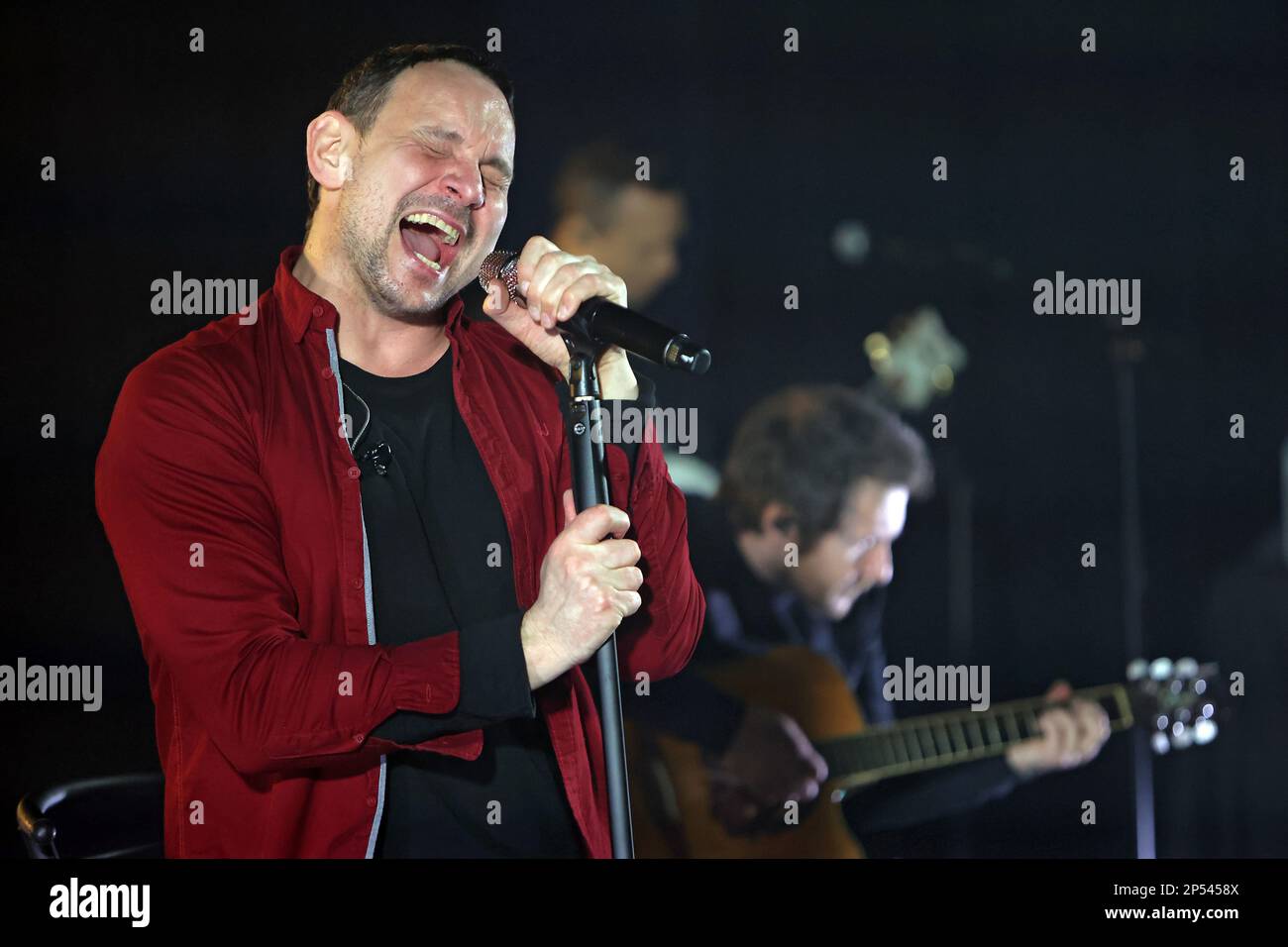 IVANO-FRANKIVSK, UKRAINE - MARCH 4, 2023 - Lead vocalist of the Druga ...