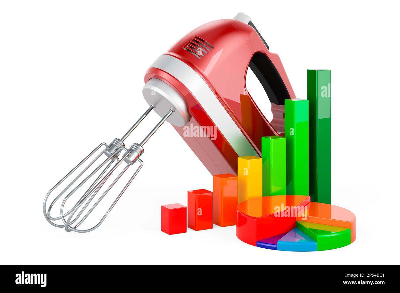 Hand kitchen mixer with growth bar graph and pie chart. 3D rendering ...