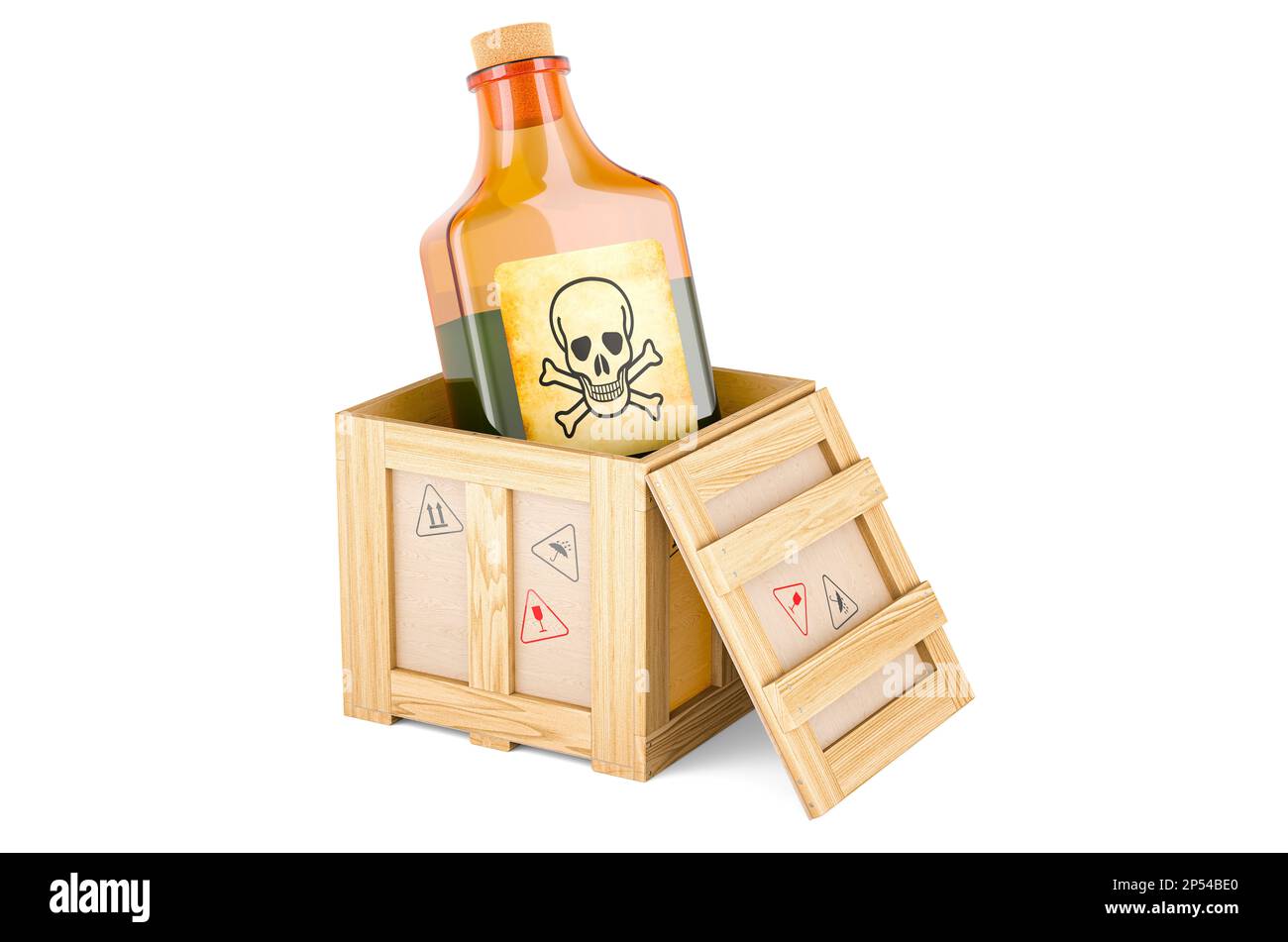 Poison bottle inside wooden box, delivery concept. 3D rendering ...