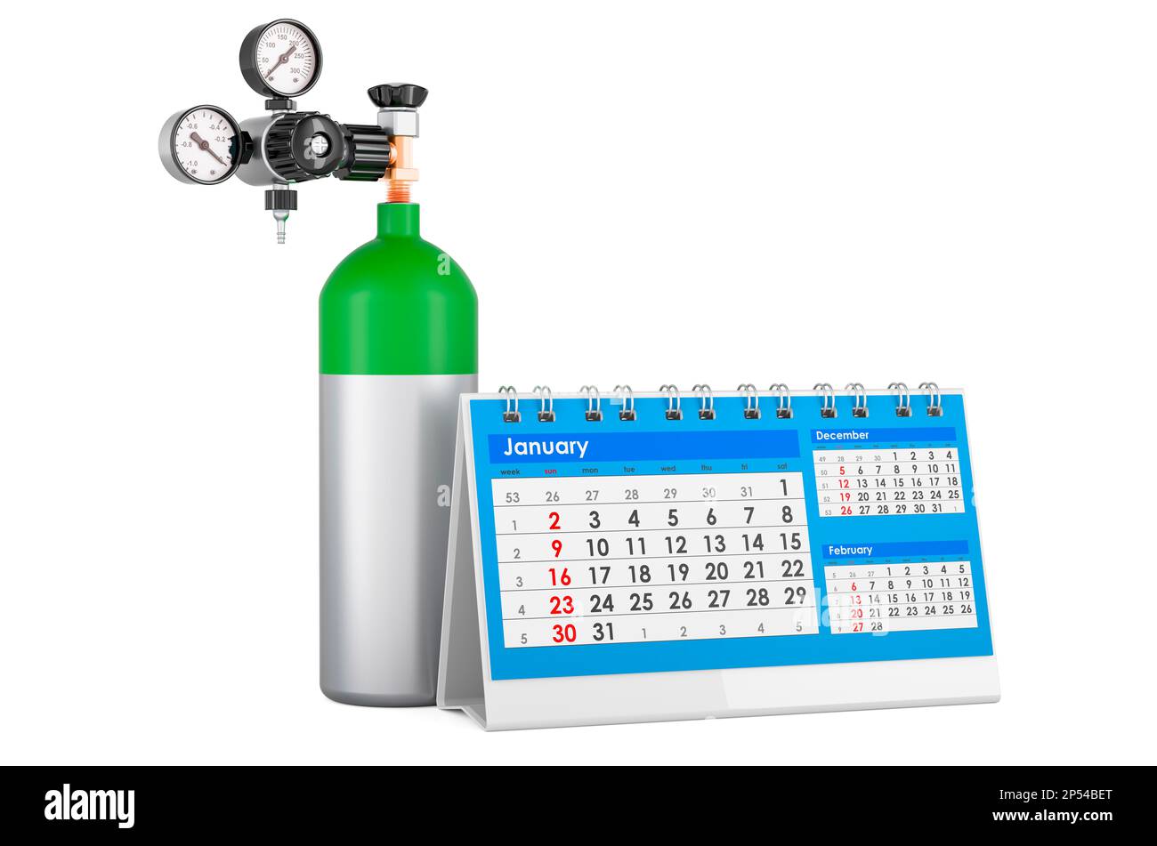 Oxygen tank, gas cylinder with desk calendar, 3D rendering isolated on ...
