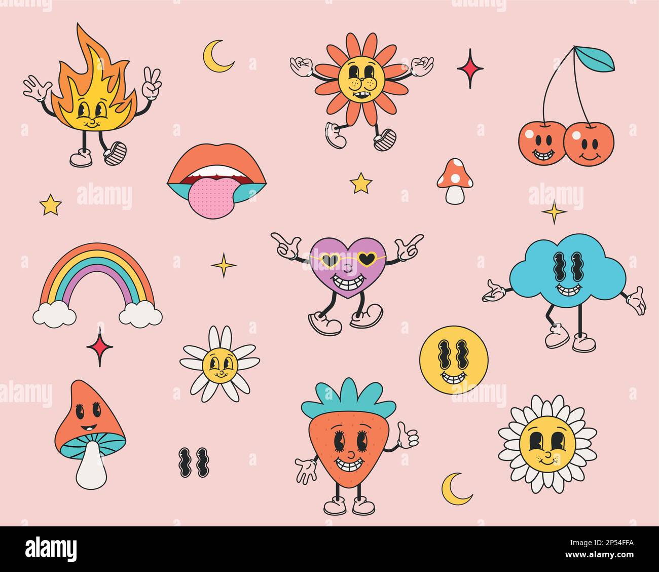 Set with retro elements. Characters and elements in psychedelic 70's style. Hippie, psychedelic ...