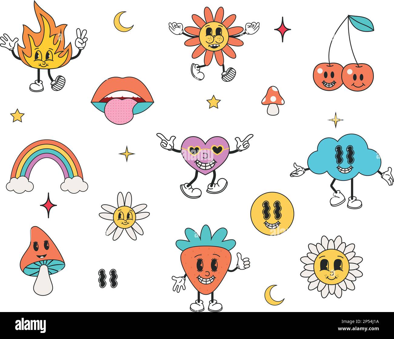 Set with retro elements. Characters and elements in psychedelic 70's style. Hippie, psychedelic ...