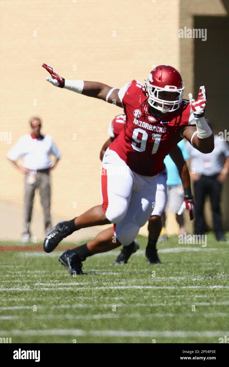 Sept. 14, 2013: Razorback defensive tackle Darius Philon #91 comes off ...