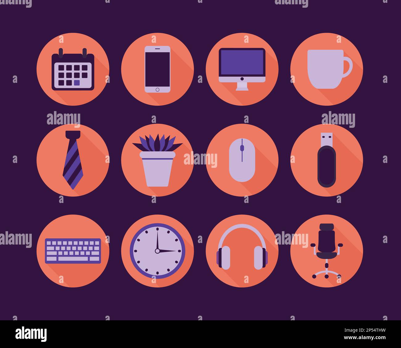 Work flat icon set in purple and orange colors. Office icon collection ...