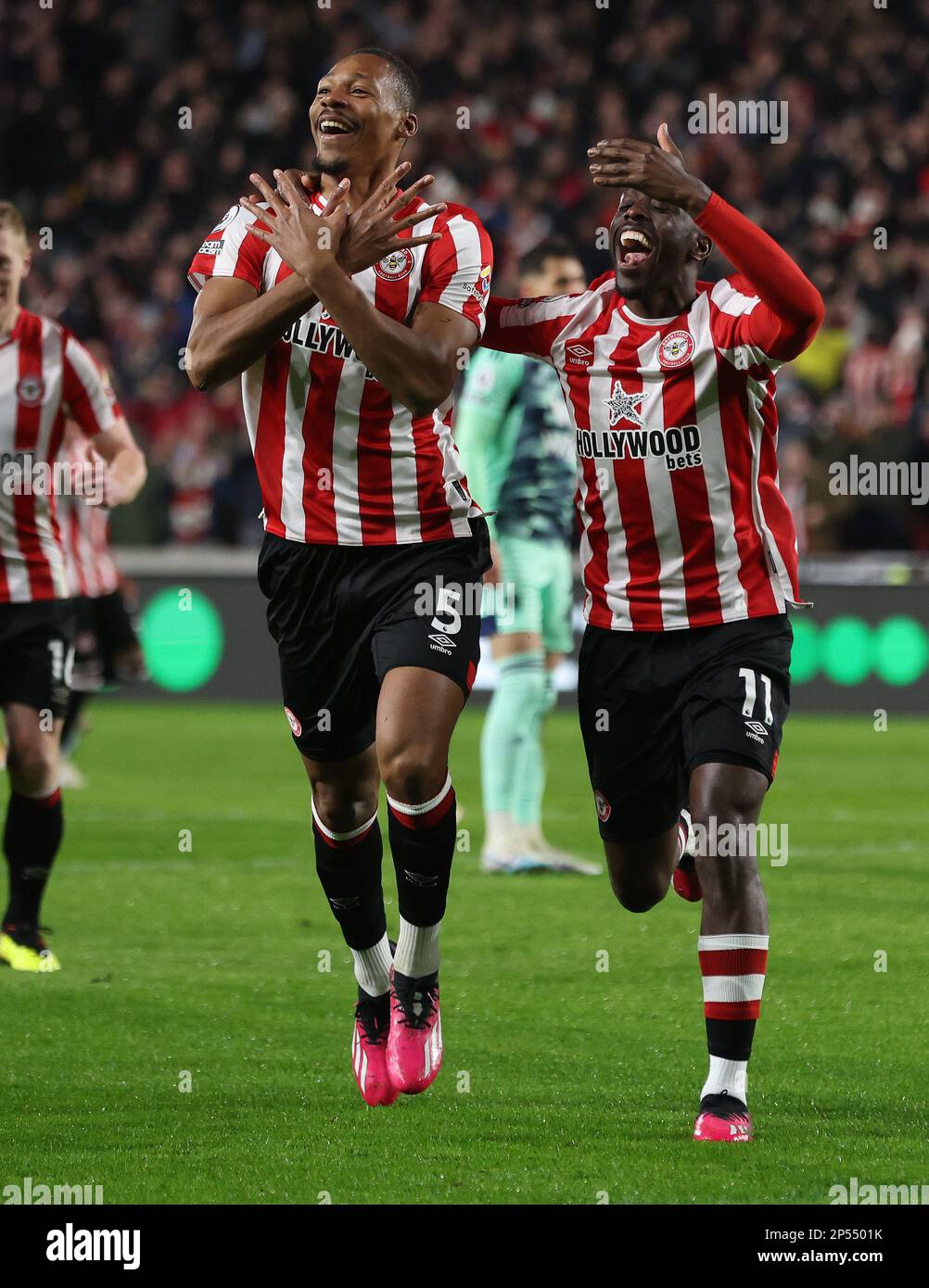 London, England, 6th March 2023. Ethan Pinnock of Brentford celebrates ...