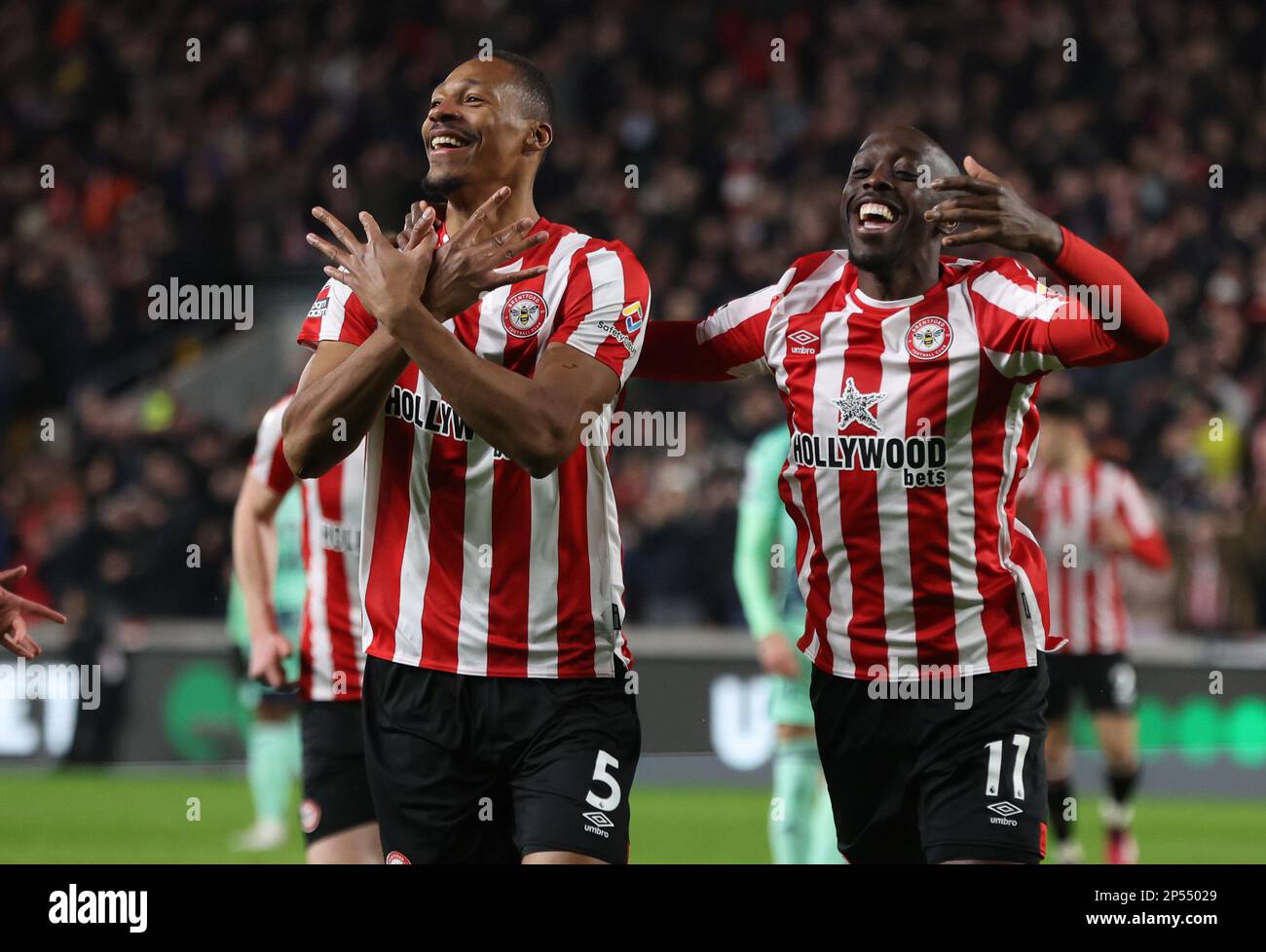 London, England, 6th March 2023. Ethan Pinnock of Brentford celebrates ...