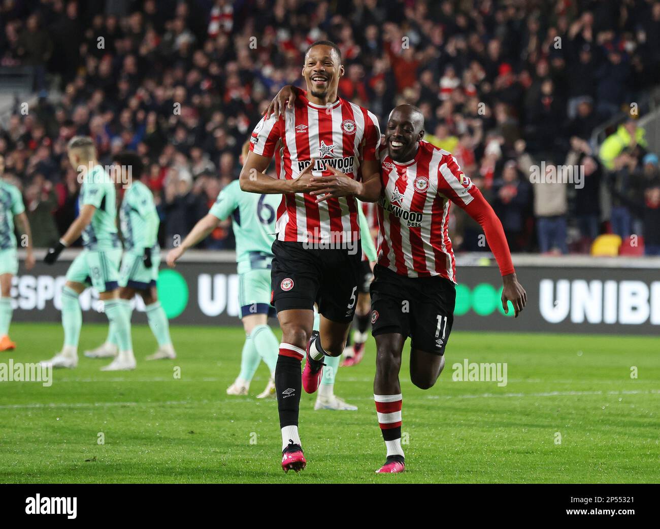 London, England, 6th March 2023. Ethan Pinnock of Brentford celebrates ...