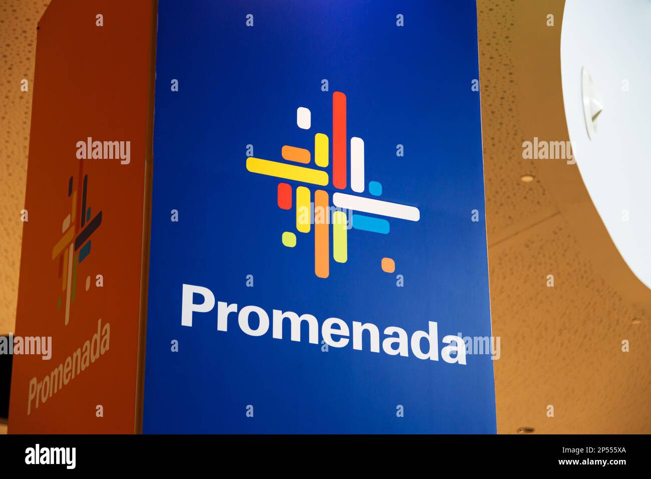 Sibiu, Romania - May, 2 2022: Logo of Promenada Mall, inside one of the ...
