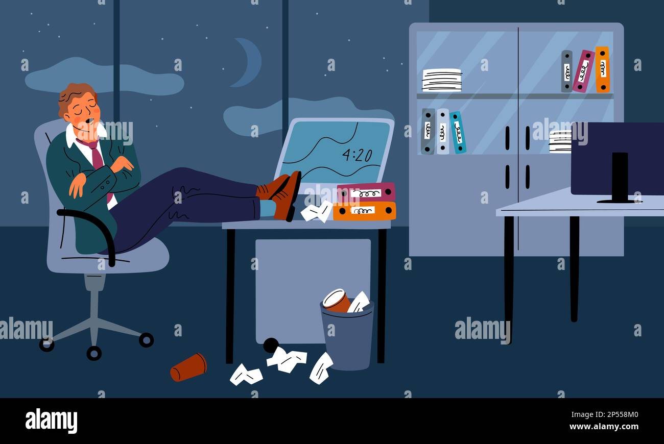 Cartoon tired people. Businessman asleep in office workplace ...