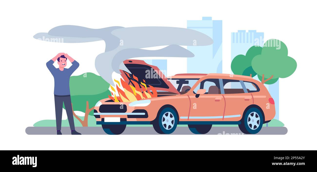 Car on fire. Flame and smoke billowing from under hood. Burning ...