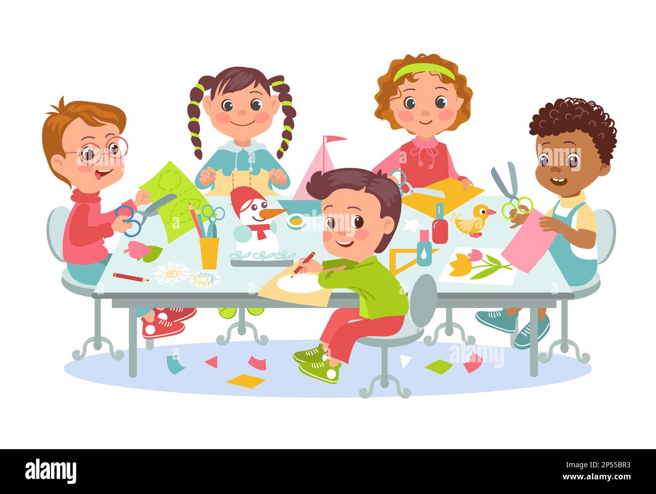 Cute kids paper crafts. Students group sitting at common table. Happy ...