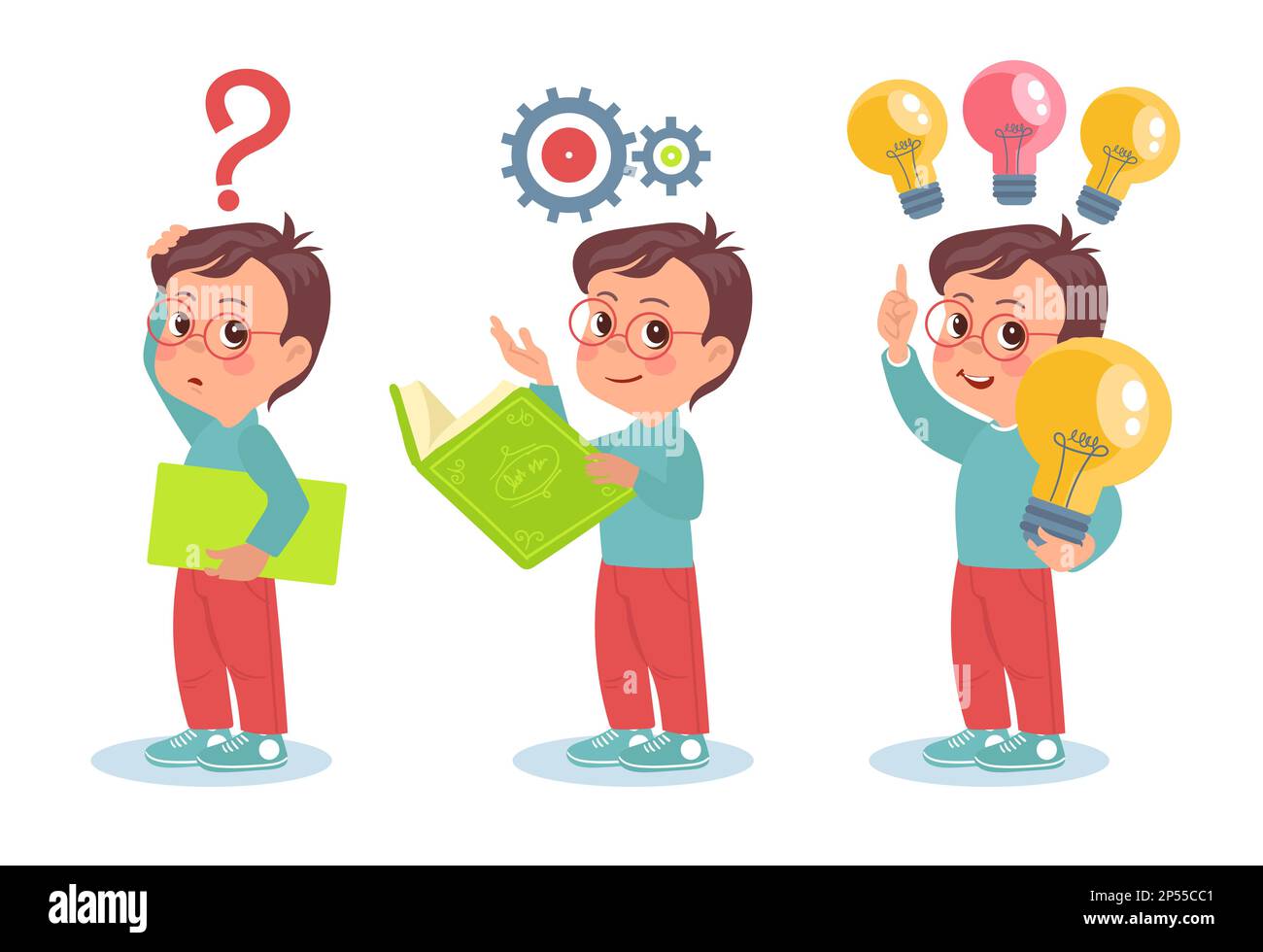 Kid searches idea. Thinking process. Smart boy with book in different ...