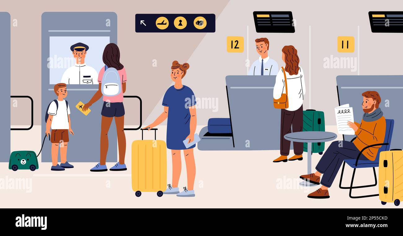 People at airport. Men and women with baggage. Reception desk. Parent ...