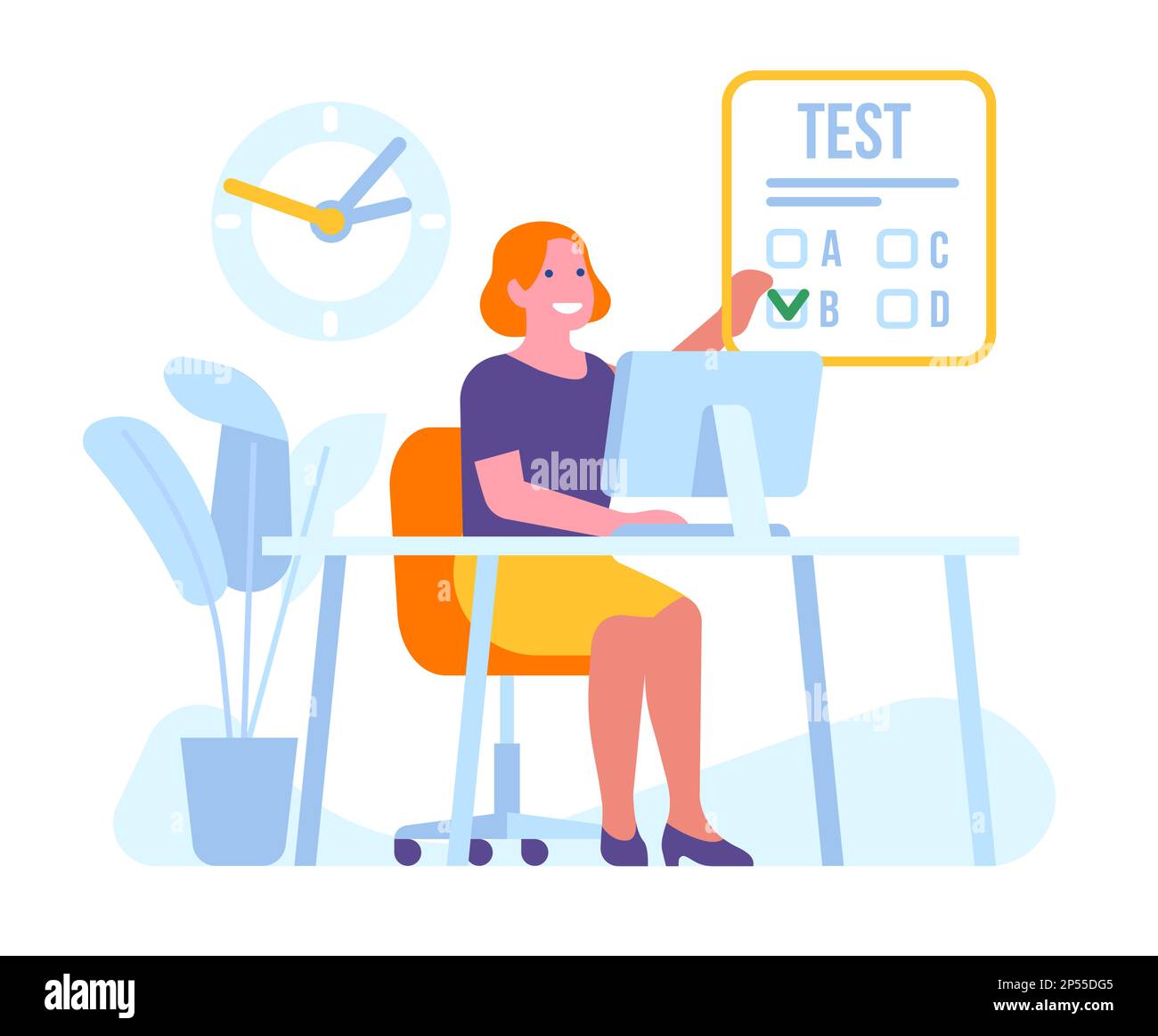 Girl chooses right answer in test. Online survey. Woman sitting at ...