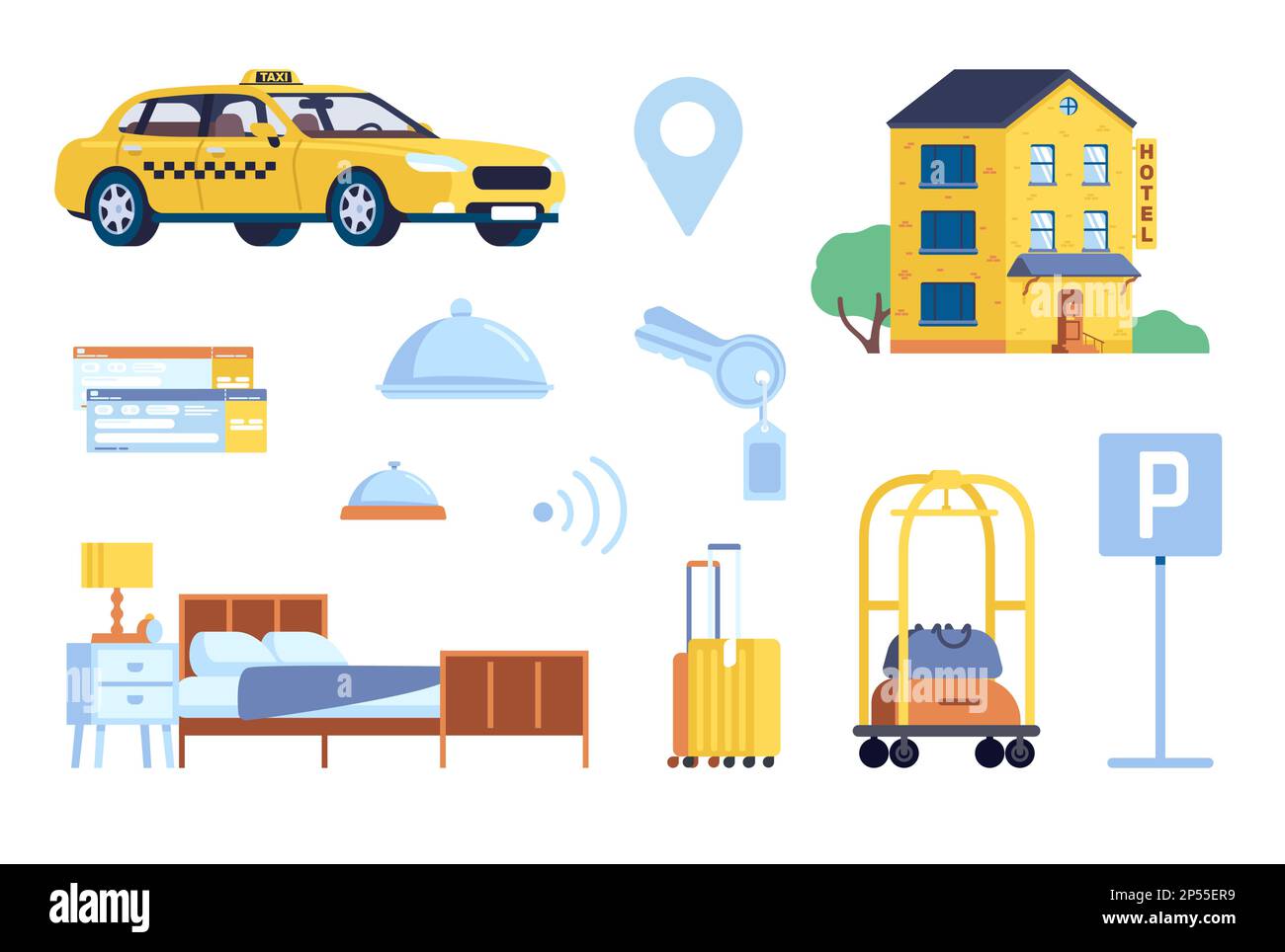 Hotel service. Motel check in and accommodation. Taxi car parking. Room ...