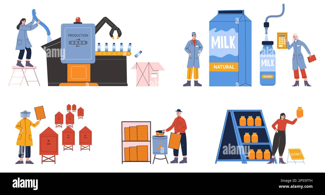 Natural production. Milk and honey manufacturing. People pour milk in ...