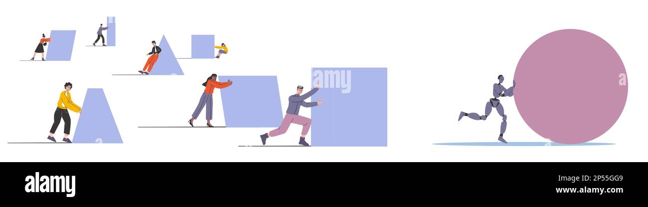 Robot and people pushing large geometric shapes. Competition with ...