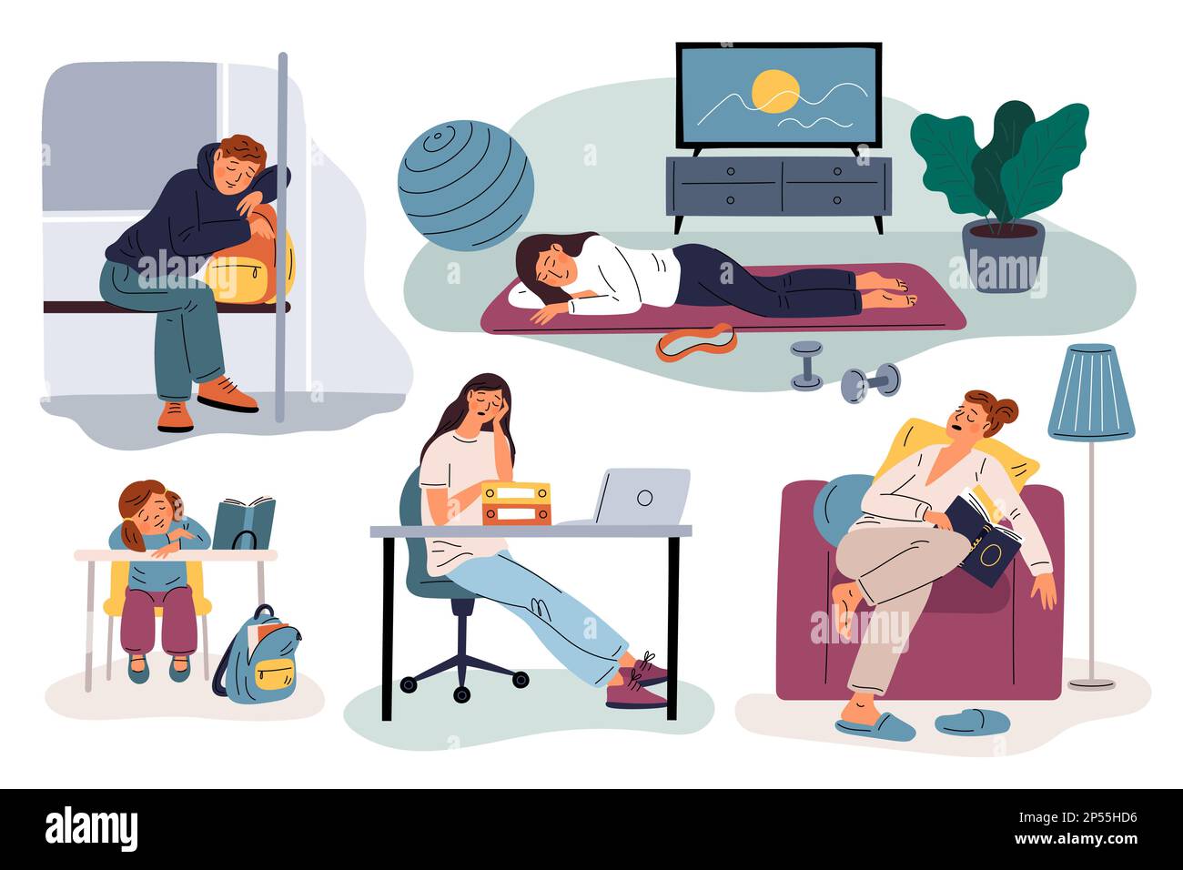 Tired people. Overworked employees. Parents and children. Narcolepsy or ...