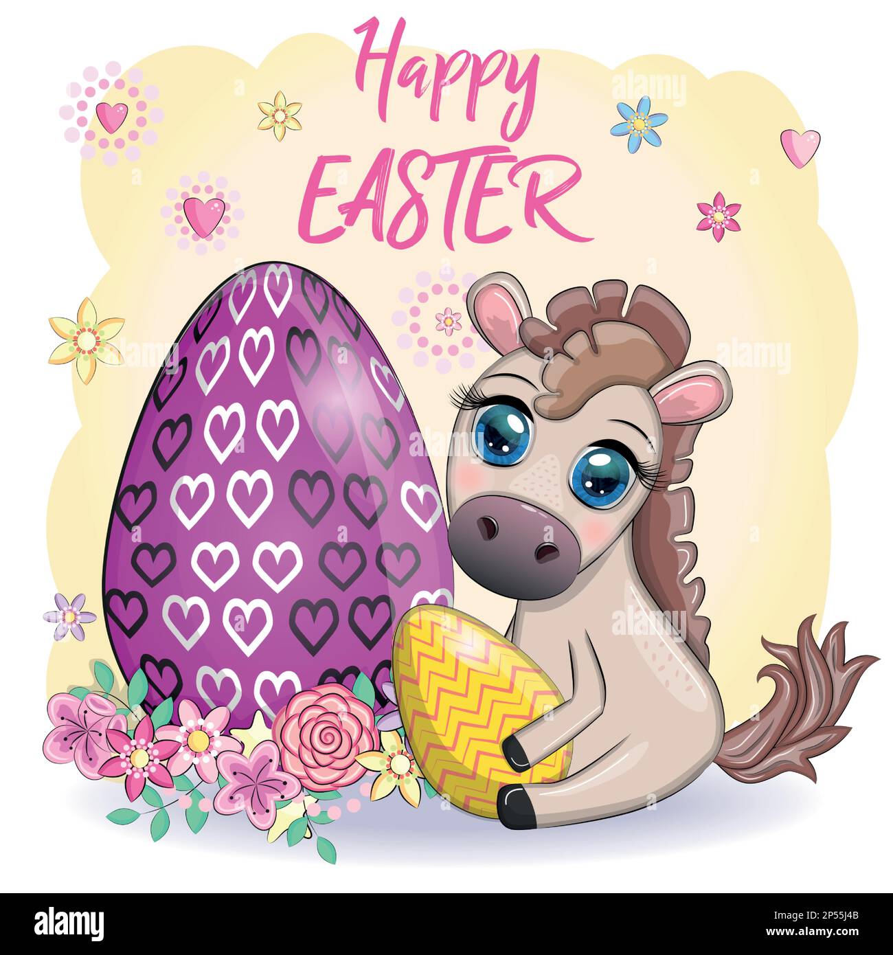 Cute horse with an Easter egg. Easter character and postcard Stock ...