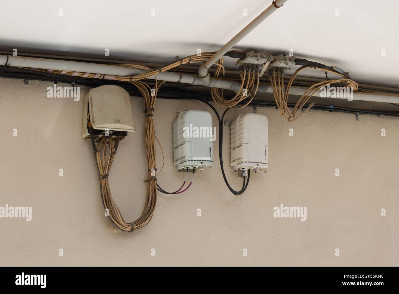 Views of some cabling boxes that carry the internet connection and ...
