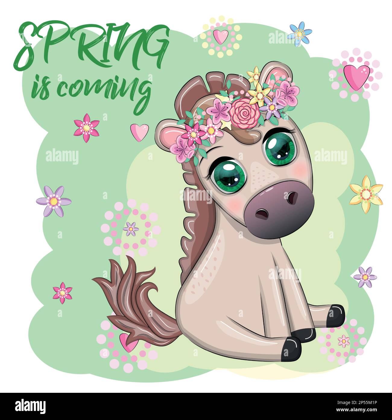 Cute cartoon horse, pony for card with flowers, spring is coming Stock ...
