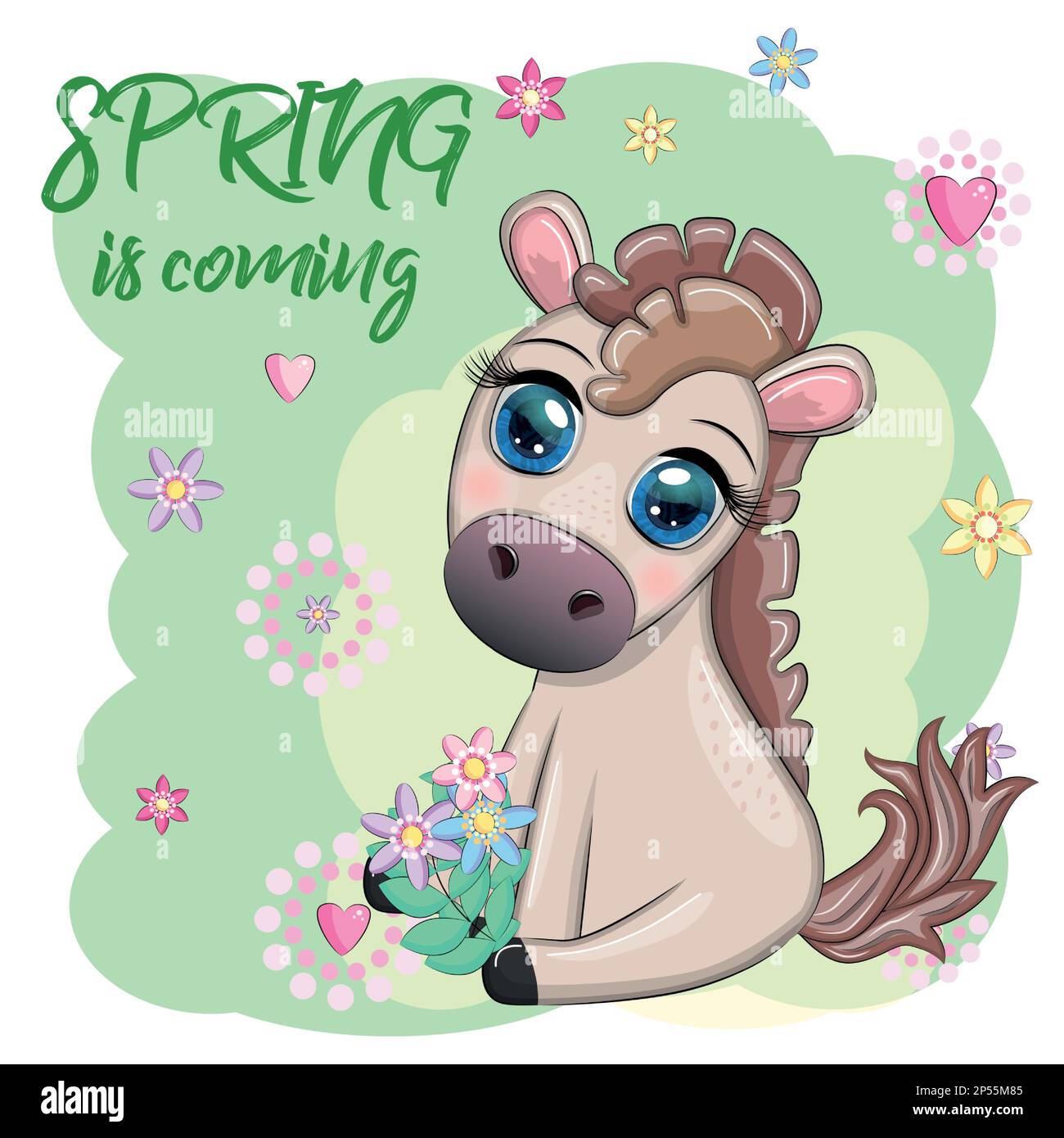 Cute cartoon horse, pony for card with flowers, spring is coming Stock ...