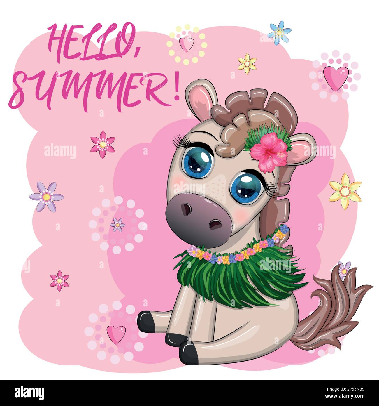 Nice horse, pony in flower wreath, hat, guitar, hula dancer from Hawaii ...