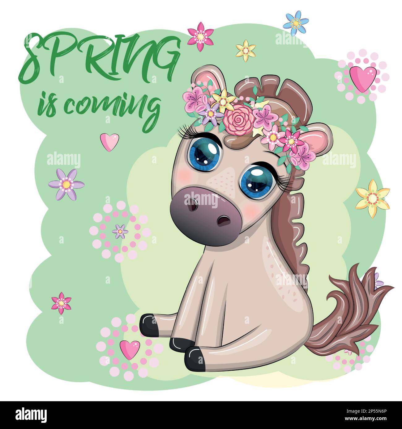 Cute cartoon horse, pony for card with flowers, spring is coming Stock ...