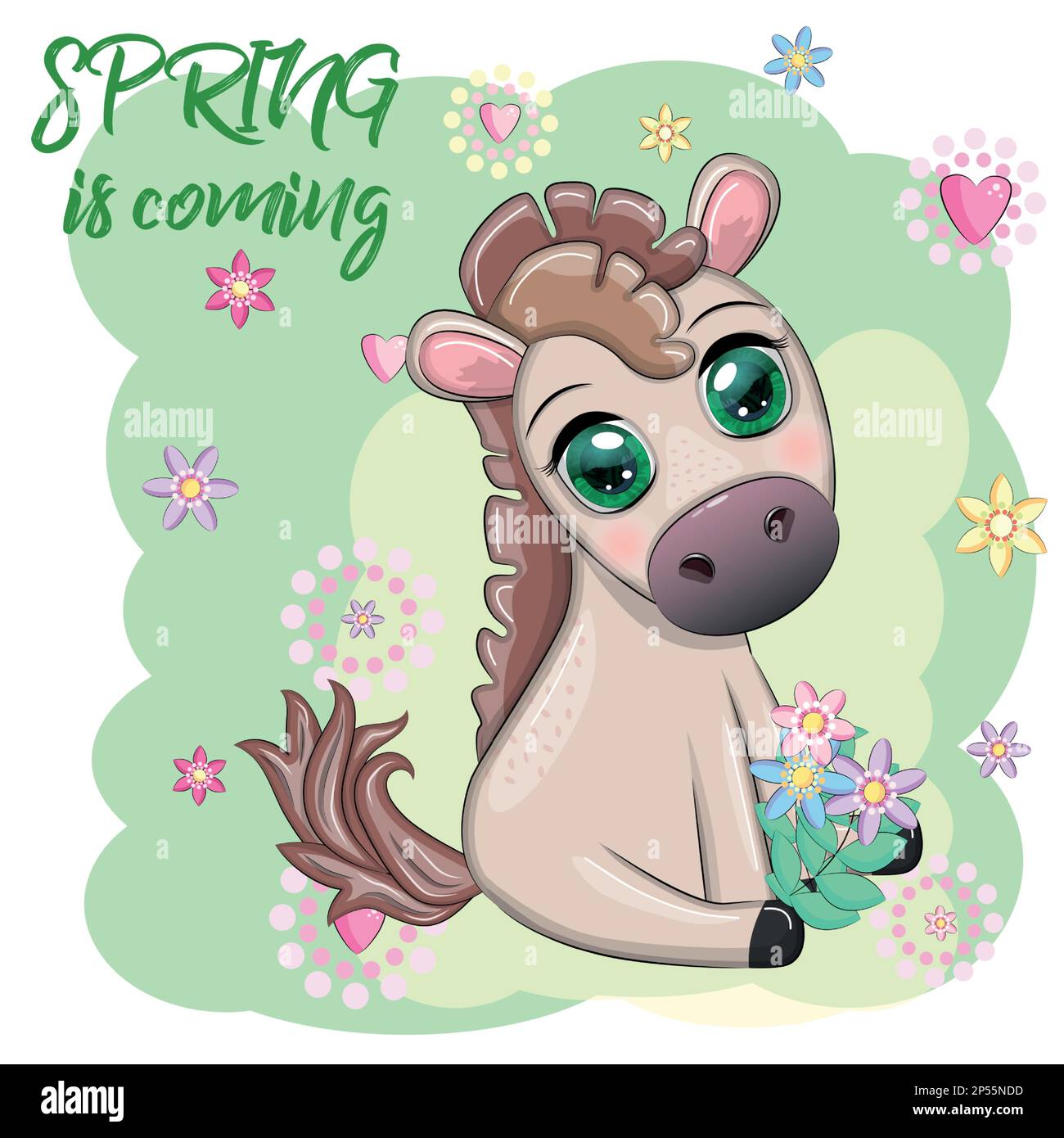 Cute cartoon horse, pony for card with flowers, spring is coming Stock ...