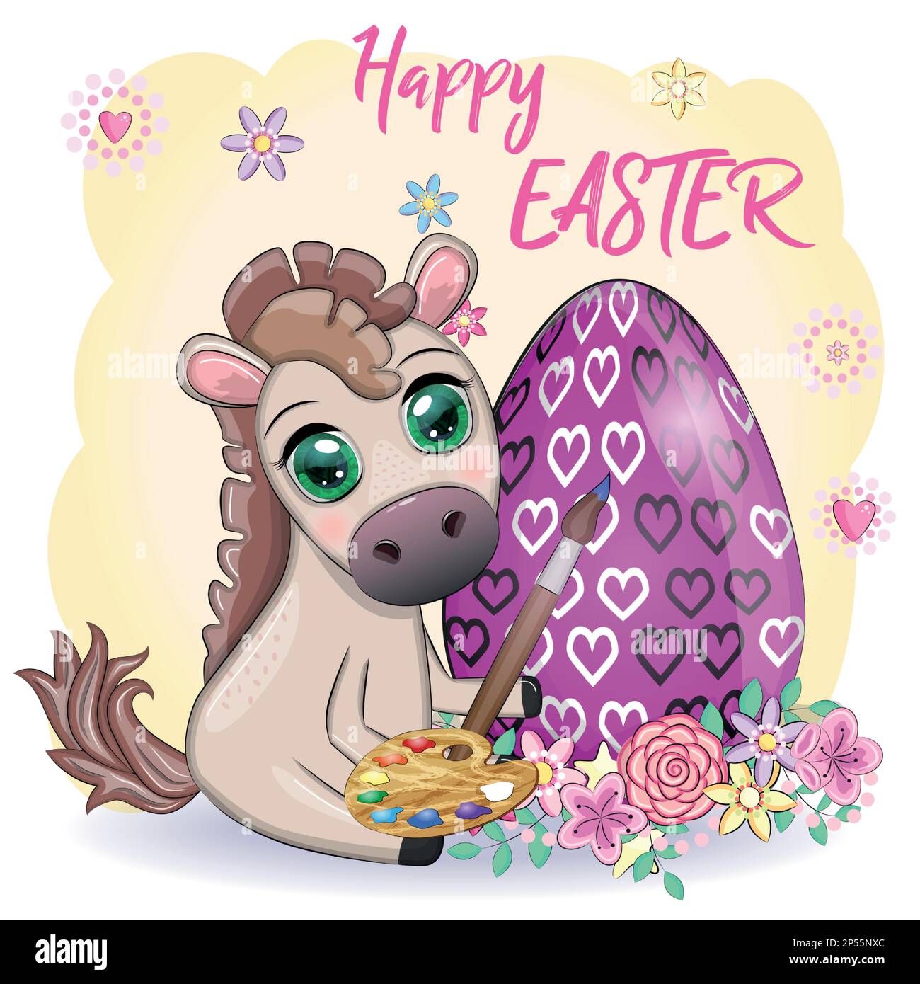 Cute horse with an Easter egg. Easter character and postcard Stock ...