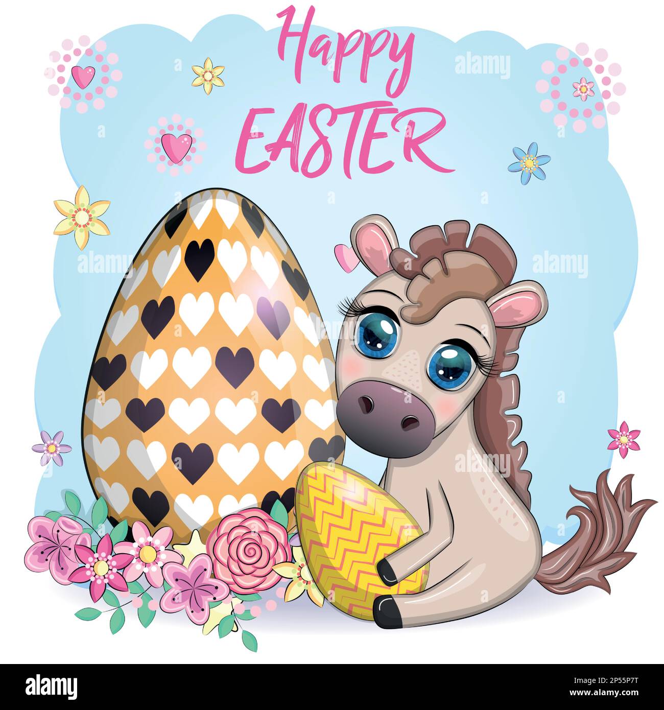 Cute horse with an Easter egg. Easter character and postcard Stock ...