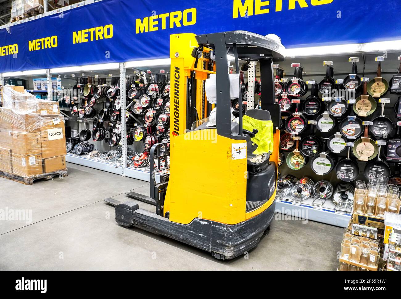 Samara, Russia - March 2, 2023: Warehouse forklift in the Metro store ...