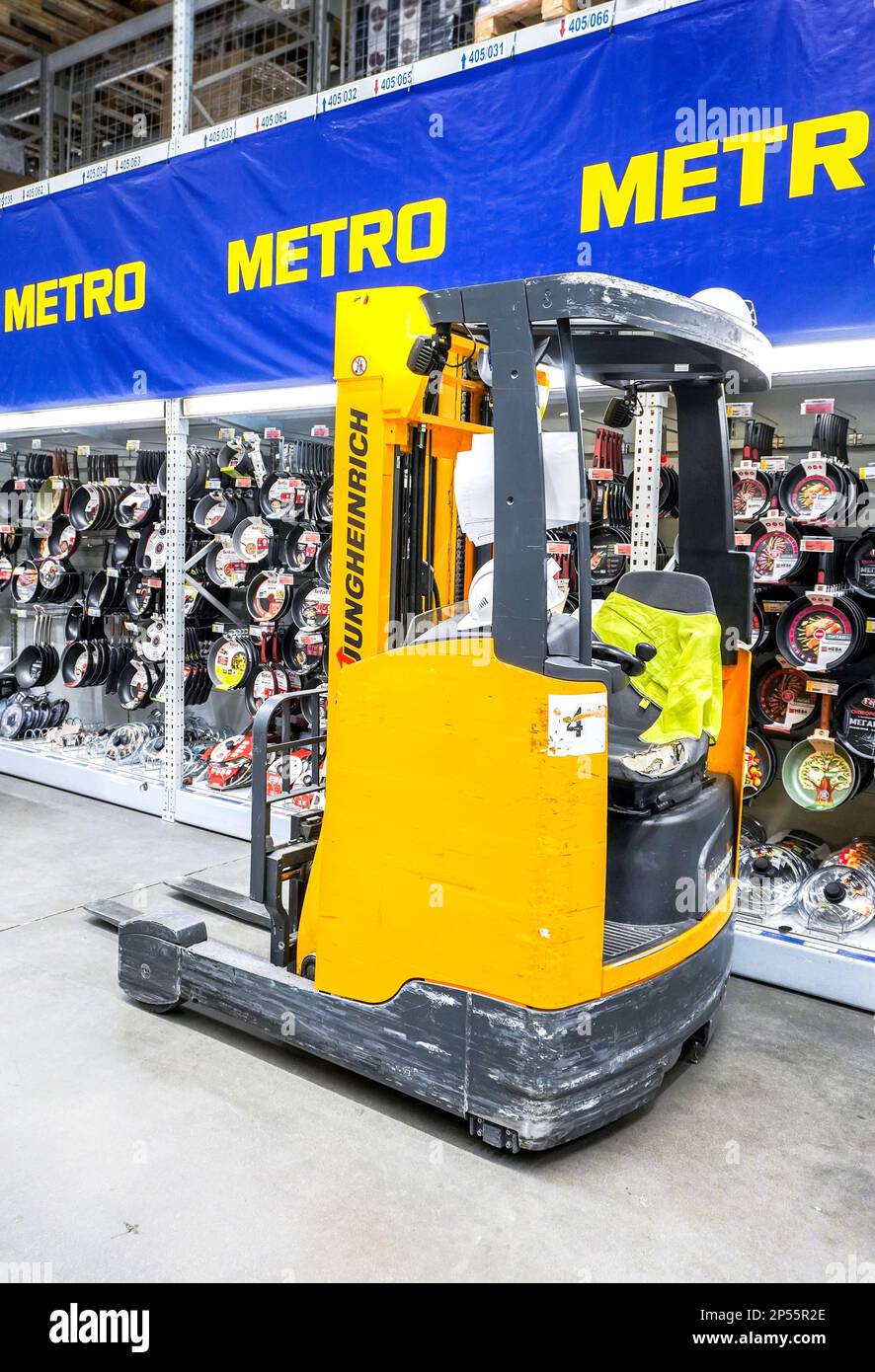 Samara, Russia - March 2, 2023: Warehouse forklift in the Metro store ...