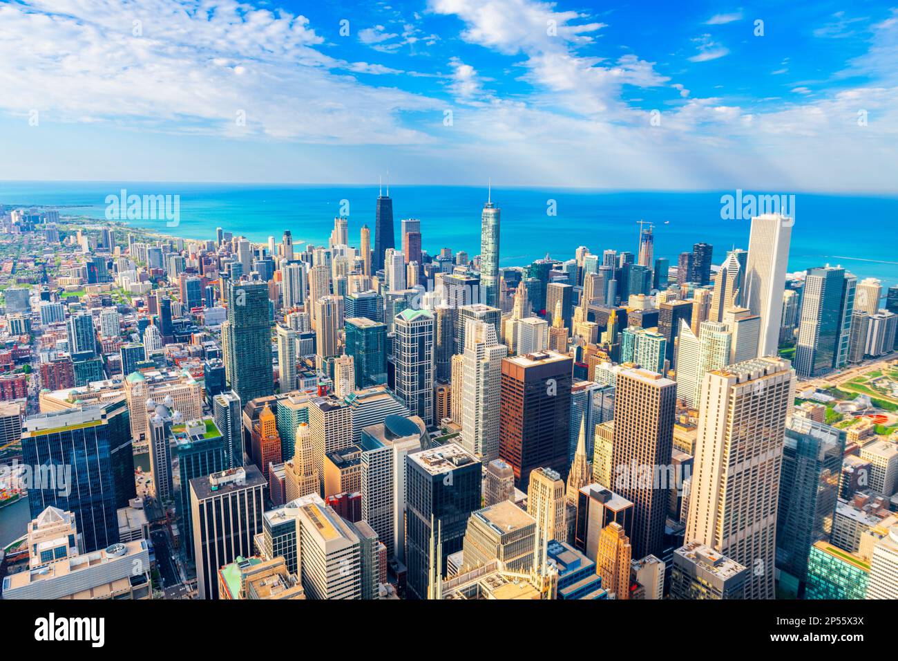 Chicago, Illinois, USA aerial downtown skyline towards Lake Michigan in ...