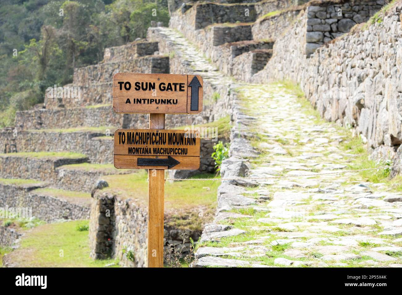 Machu Picchu Mountain and Sun gate sign for tourist in Lost Incan City ...