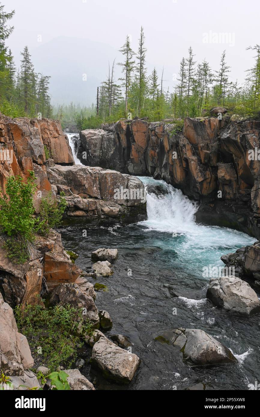 Waterfall on the Putorana Plateau. Water landscape on the Putorana ...