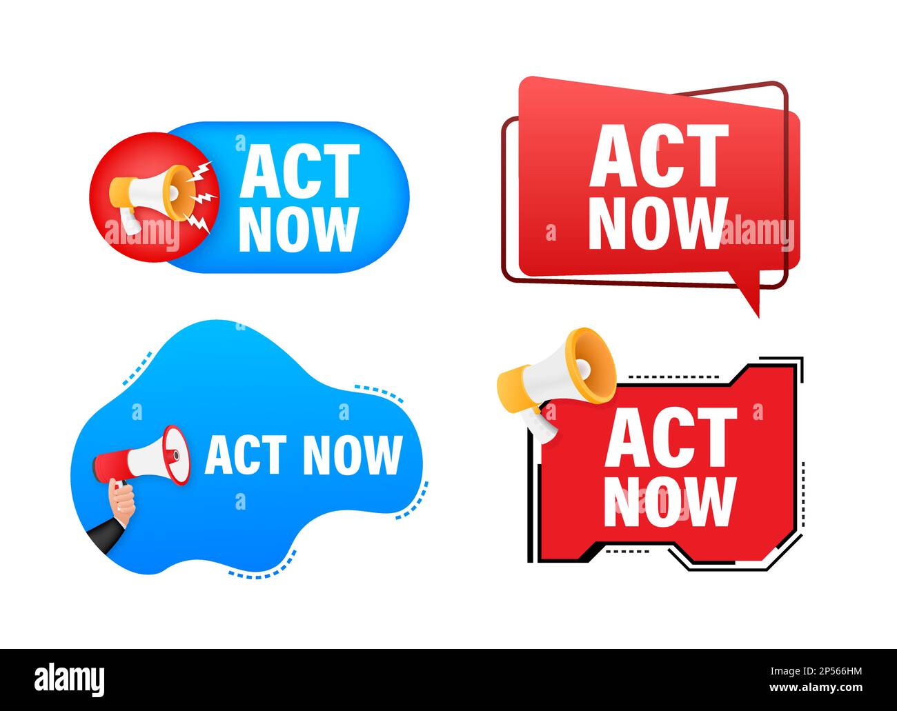 Megaphone label set with text Act now. Megaphone in hand promotion ...