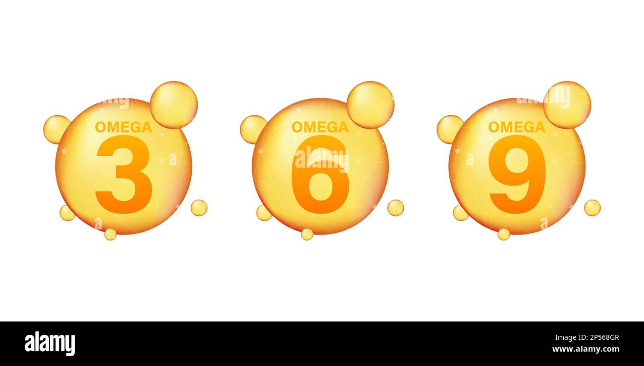 Omega 3, 6 and 9 gold icon. Vitamin drop pill capsule. Shining golden ...