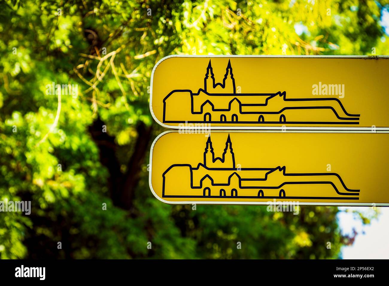 Yellow city landmark sign in front of green tree leaves Stock Photo - Alamy