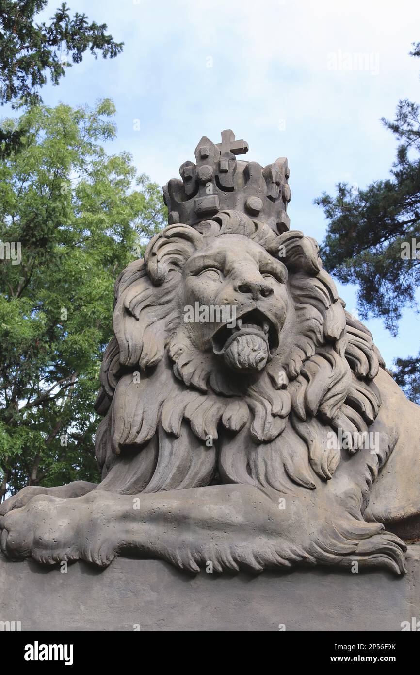 Statue of lion with crown. European statue of lion. Prague Stock Photo ...