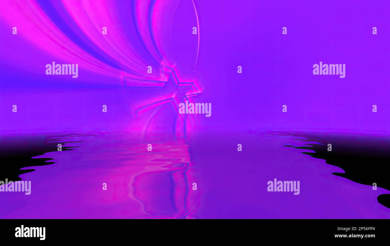 3D neon glow cross over blue reflecting in water Stock Photo - Alamy