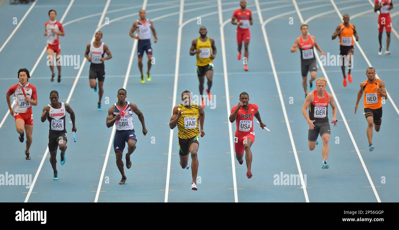 Jamaica's Usain Bolt, center, United States' Justin Gatlin, third from ...