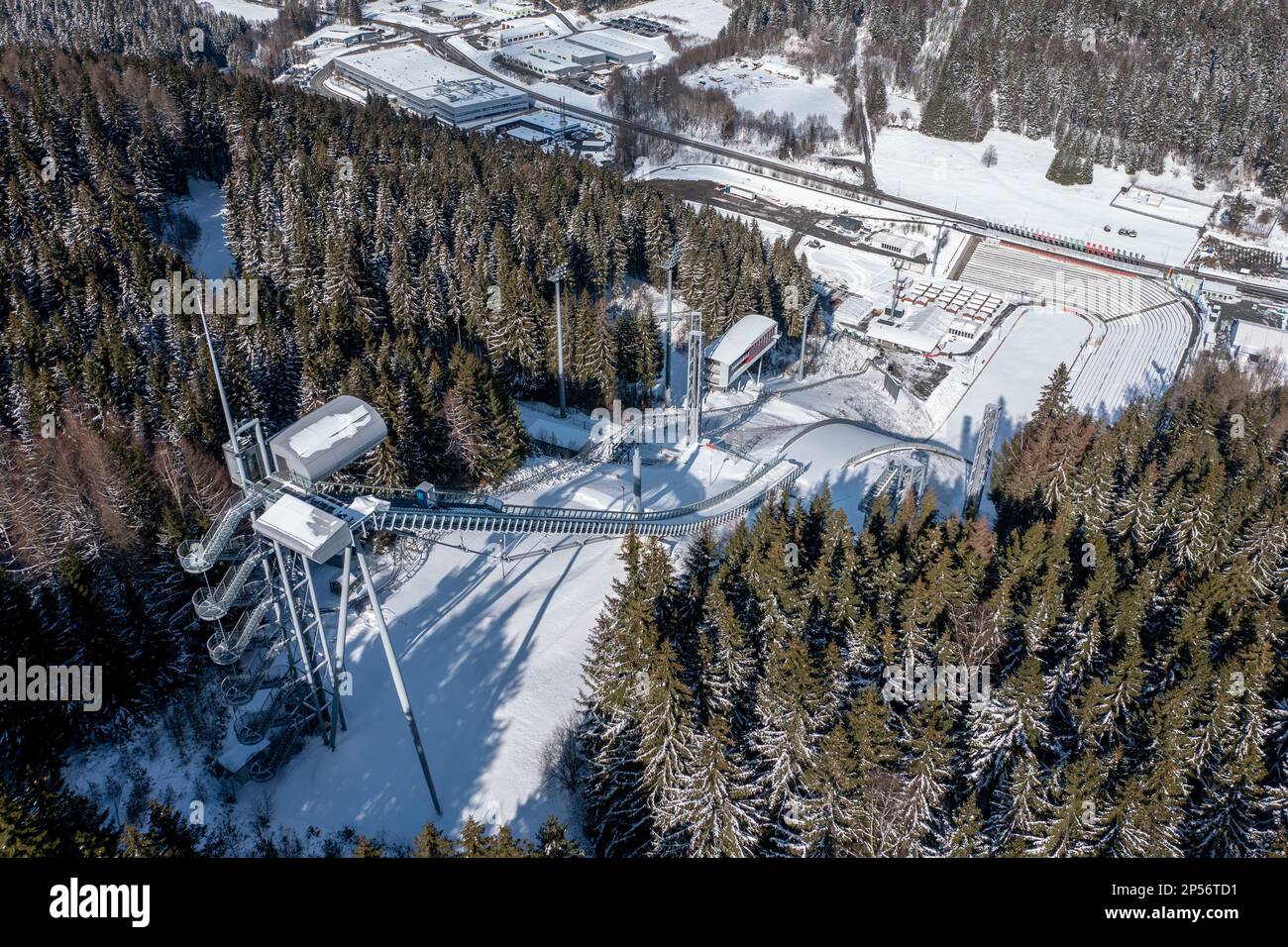 Klingenthal, Germany. 28th Feb, 2023. View of the ski jump of the Vogtlandarena. (Aerial view ...