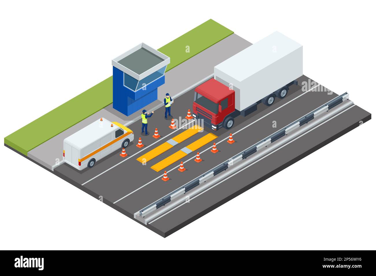 Isometric loaded trailer truck on weighbridge. Weighing control ...