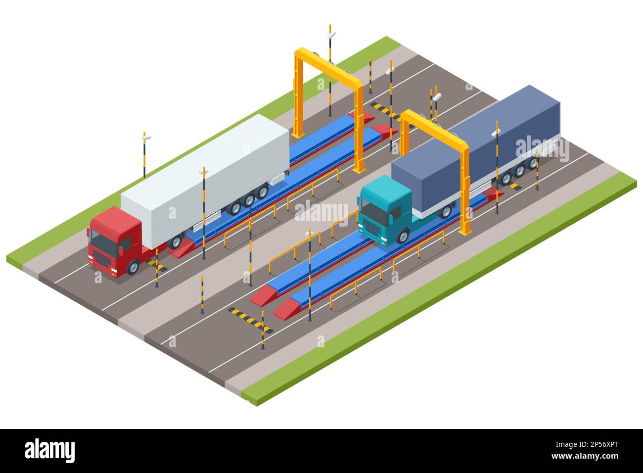 Isometric loaded trailer truck on weighbridge. Weighing control ...