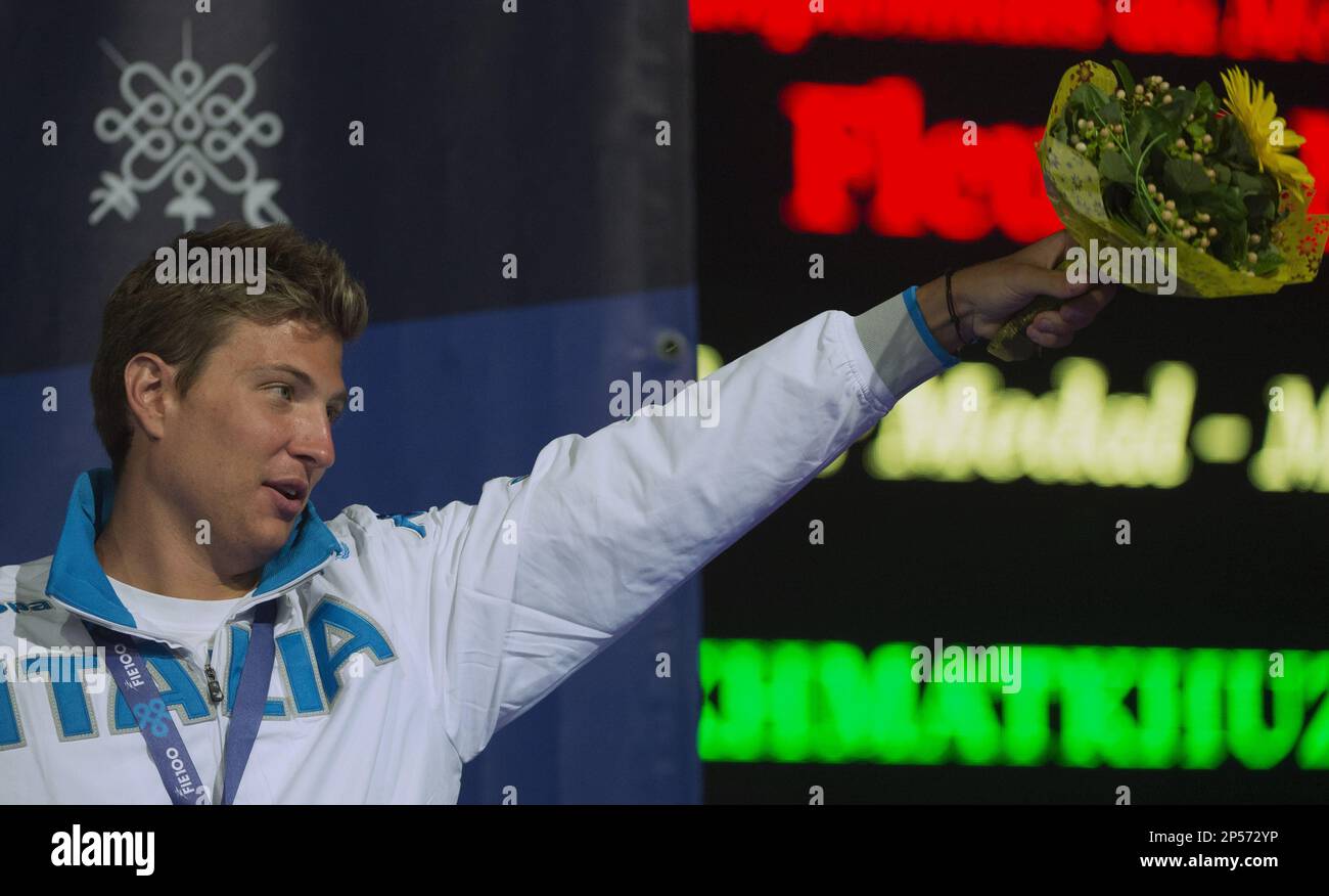Bronze medalist Valerio Aspromonte of Italy celebrates during the medal ...