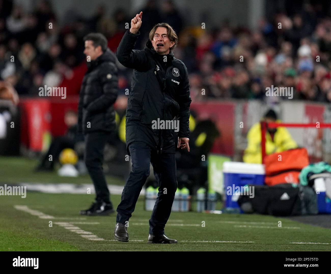 Brentford manager Thomas Frank gestures from the sideline during the ...