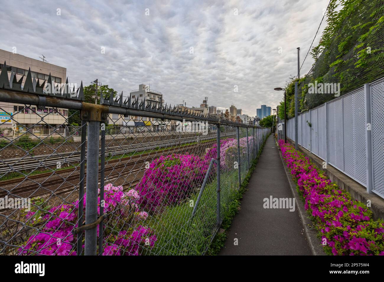 JR railroad track runs along pedestrian walkway in Mejiro Tokyo Japan ...